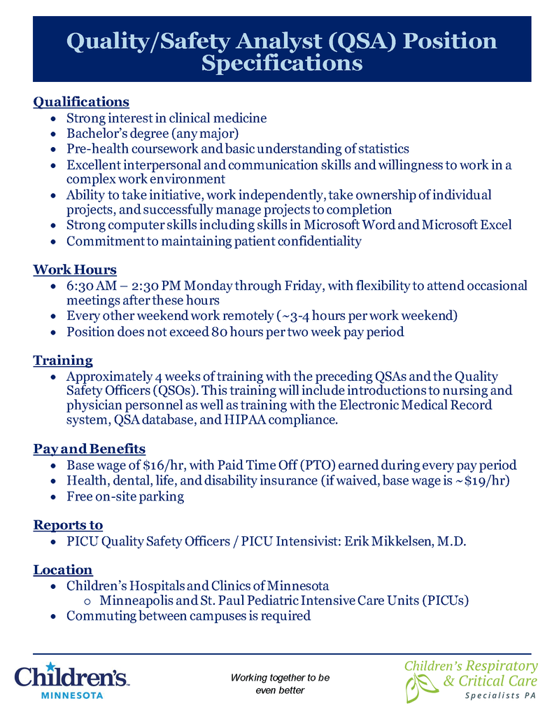 Quality/Safety Analyst at MN Children’s Hospital – Pre-Health Program ...